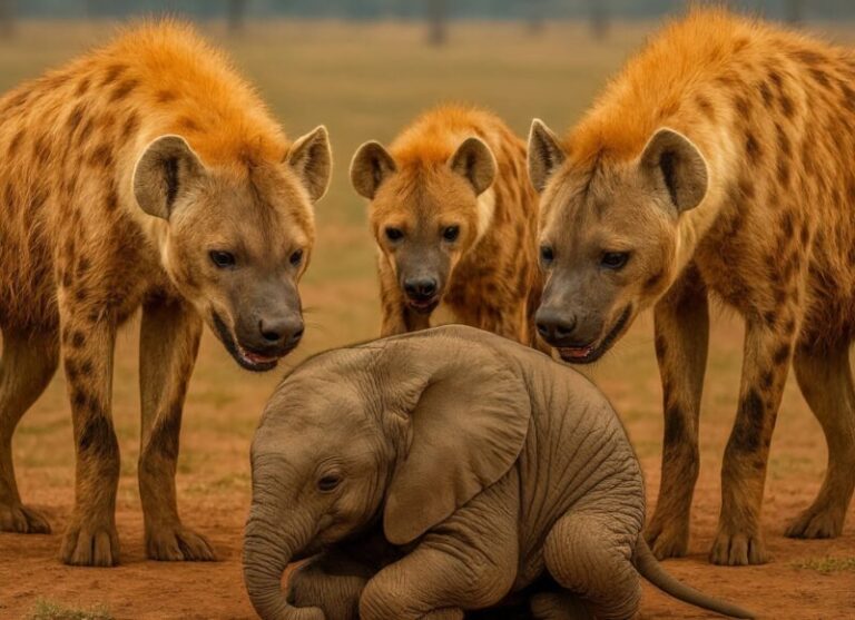 A pack of hyenas surrounded a small and helpless baby elephant, ready ...